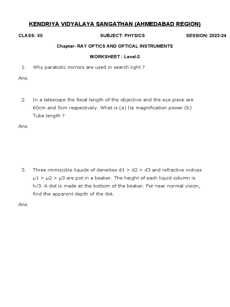 WS - L2 - Diff - 12 - RAY OPTICS AND OPTICAL INSTRUMENTS | PDF