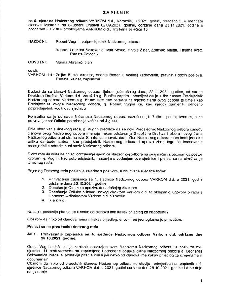 Zapisnik Sa 5. Sjednice NO U 2021. - 23.11.2021. | PDF