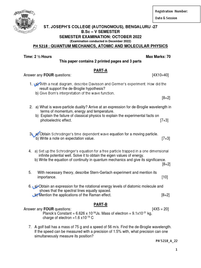 PH 5218 Quantum Mechanics, Atomic and Molecular Physics - UG - 1st Sem-Dec-2022 | PDF | Quantum ...