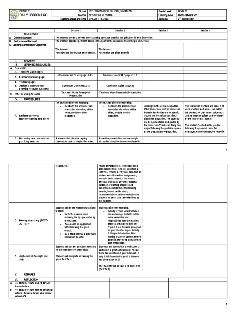 Daily Lesson Log: Work Immersion | PDF | Teachers | Learning