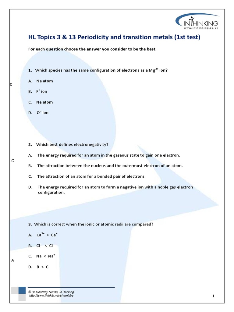 Periodicity & Transition Metals Test | PDF | Transition Metals ...