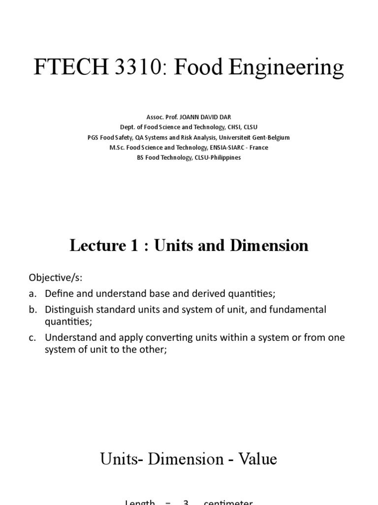 FTECH 3310 Lecture 1 Units and Dimension | PDF | International System Of Units | Kilogram