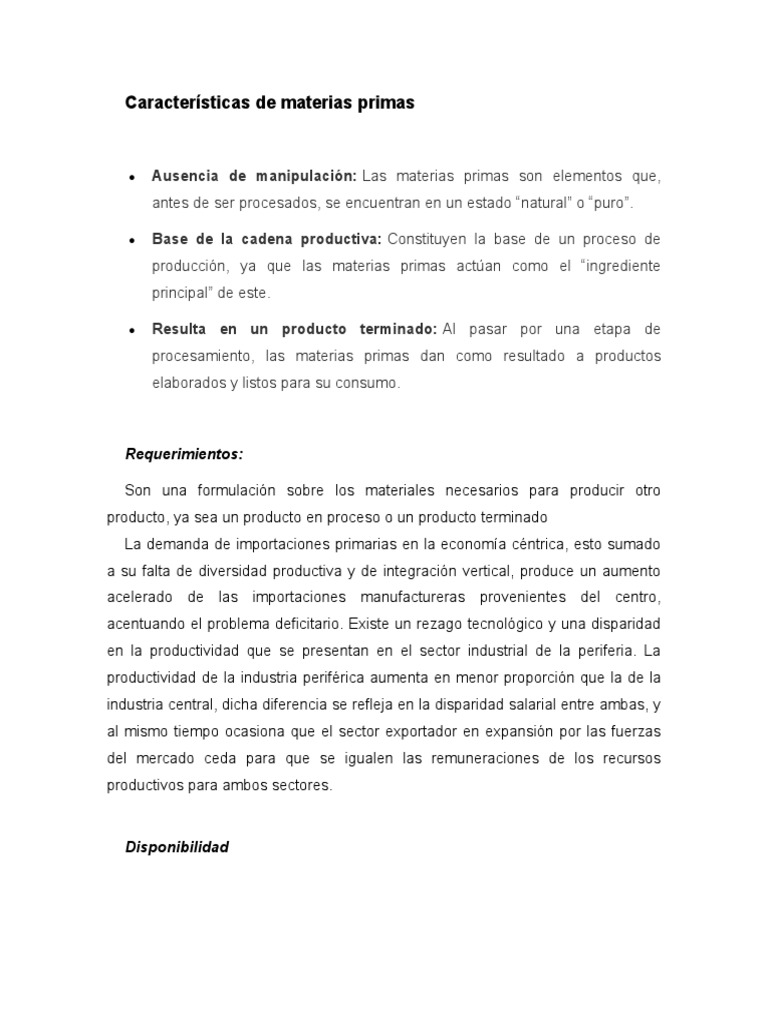 Características de Materias Primas | PDF | Materia prima | Precios
