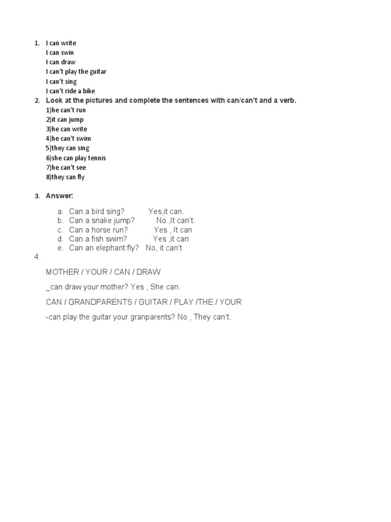 Look at The Pictures and Complete The Sentences With Can/can't and A ...