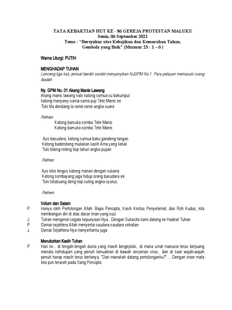 Tata Ibadah HUT GPM 2021 | PDF