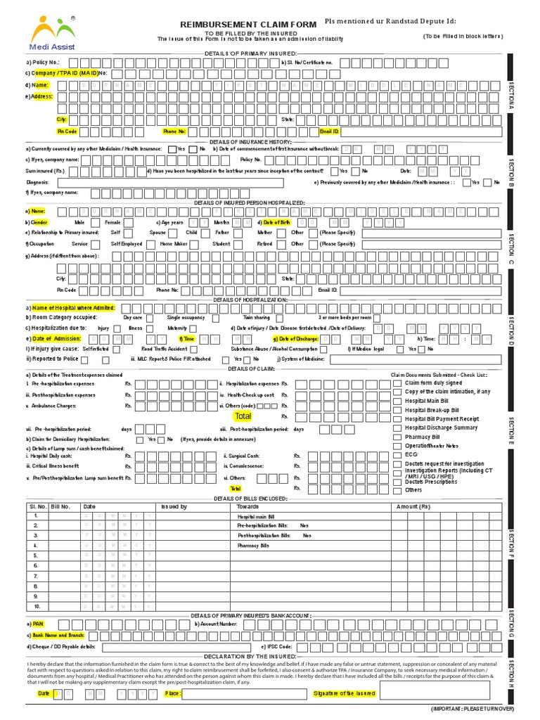 Reimbursement - Claim - Form and Check List Randstad | PDF | Insurance ...