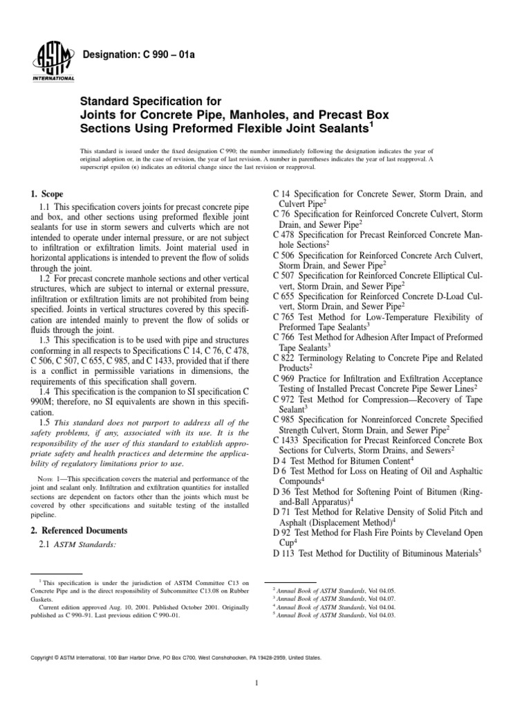 ASTM C990-01a Specification For Joints For Concrete Pipe, Manholes, and Precast Box Sections ...