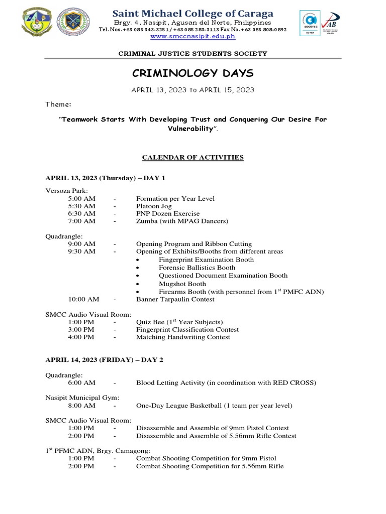 Calendar of Activities Criminology Days | PDF | Ballistics | Hazards