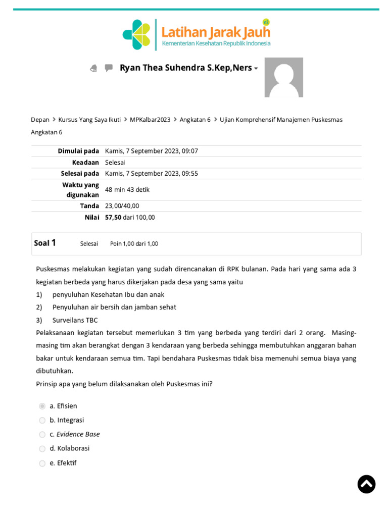 Ujian Komprehensif Manajemen Puskesmas Angkatan 6 - Ulasan Hasil Pengerjaan Kuis | PDF