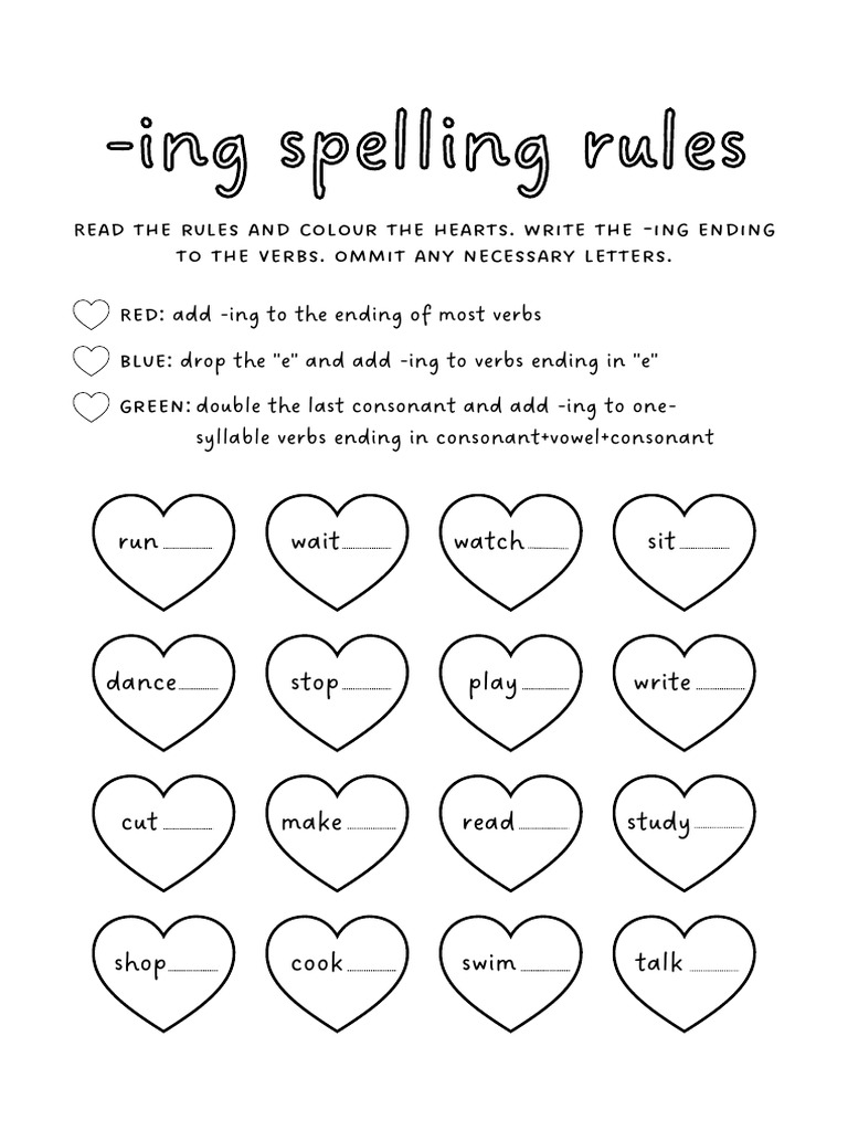 Black and White Cute Ing Spelling Worksheet | PDF