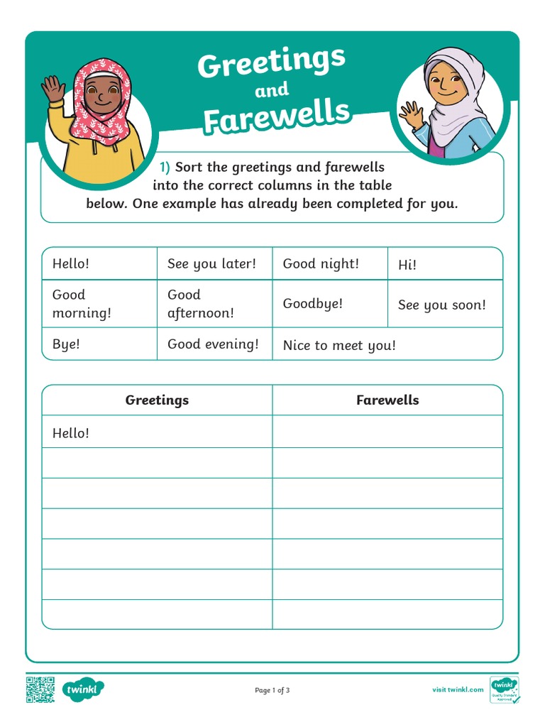 Greetings and Farewells Worksheet | PDF