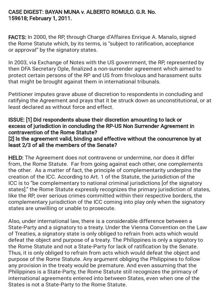 Bayan - Muna - Vs - Romulo | PDF | Treaty | International Criminal Court