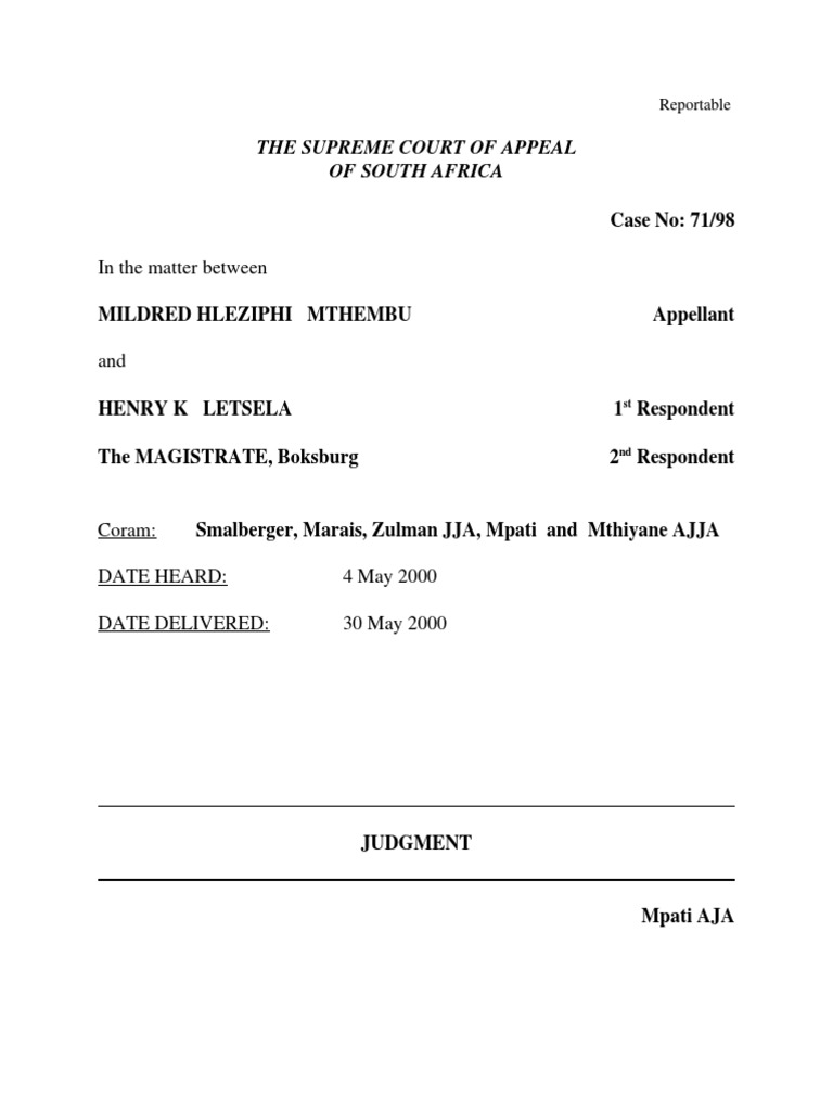 Mthembu V Letsela 2000 | PDF | Common Law | Inheritance