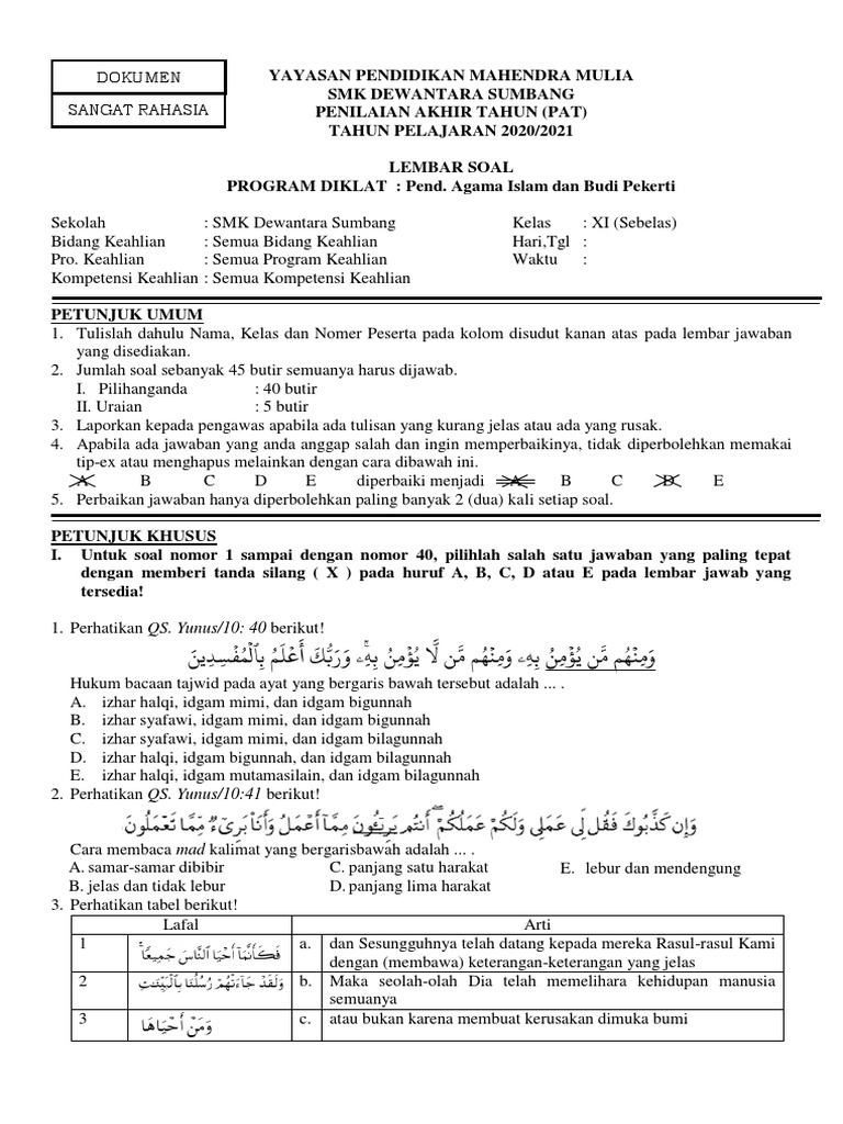 Soal PAT PAI dan Budi Pekerti XI | PDF | Agama & Spiritualitas | Kajian Bahasa Asing