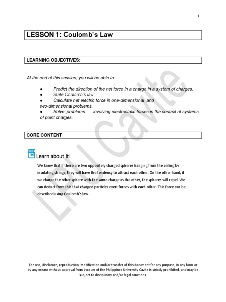 Lesson 1 Coulombs Law | PDF | Force | Electric Charge