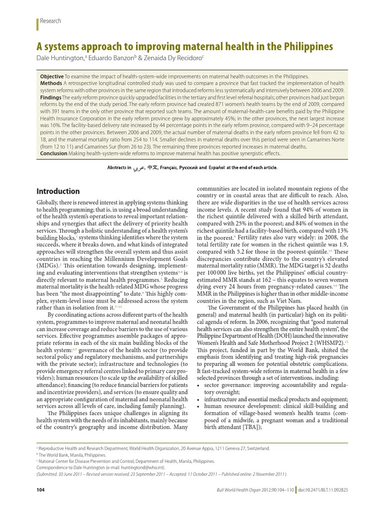 A Systems Approach To Improving Maternal Health in The Philippines ...
