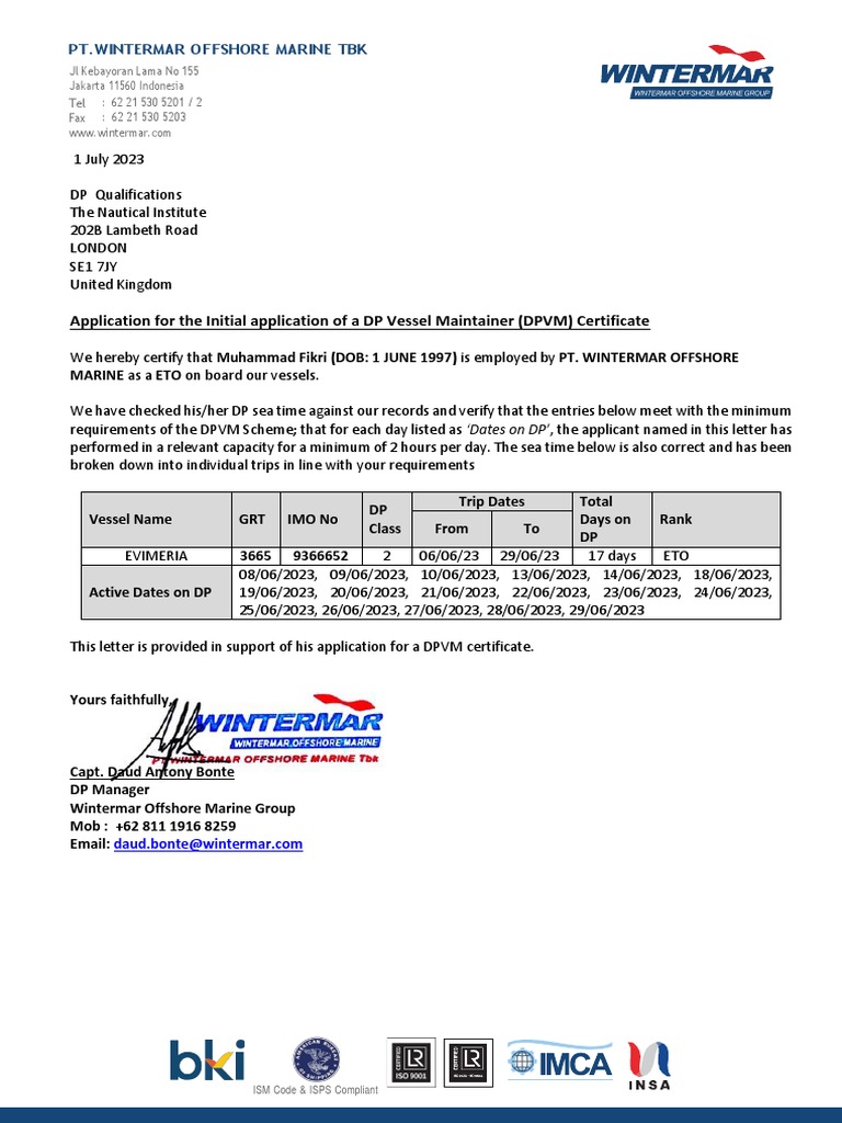 DP Confirmation Letter (ETO Fikri Shaputra) | PDF