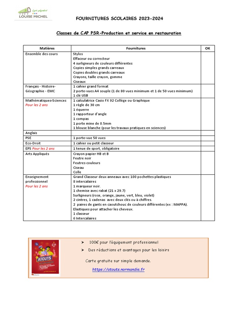 Fournitures scolaires CAP PSR 2023-2024 | PDF | Crayon | Matériaux pour ...