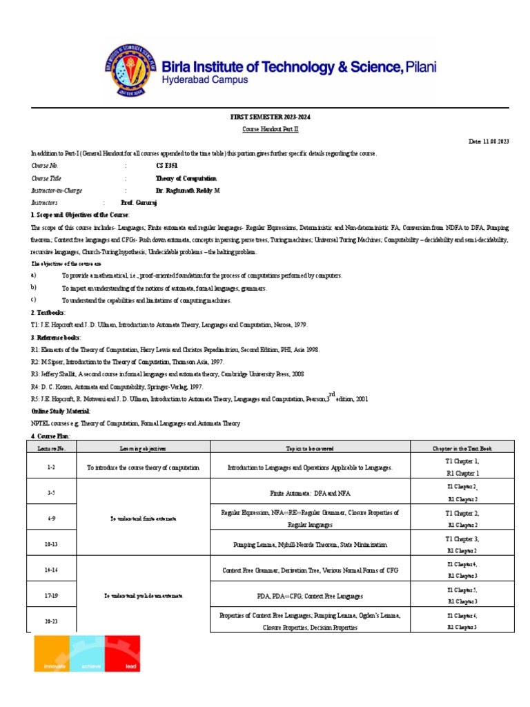 CS F351 - TOC - Dr. Raghunath Reddy (2023-24) | Download Free PDF | Theory Of Computation ...