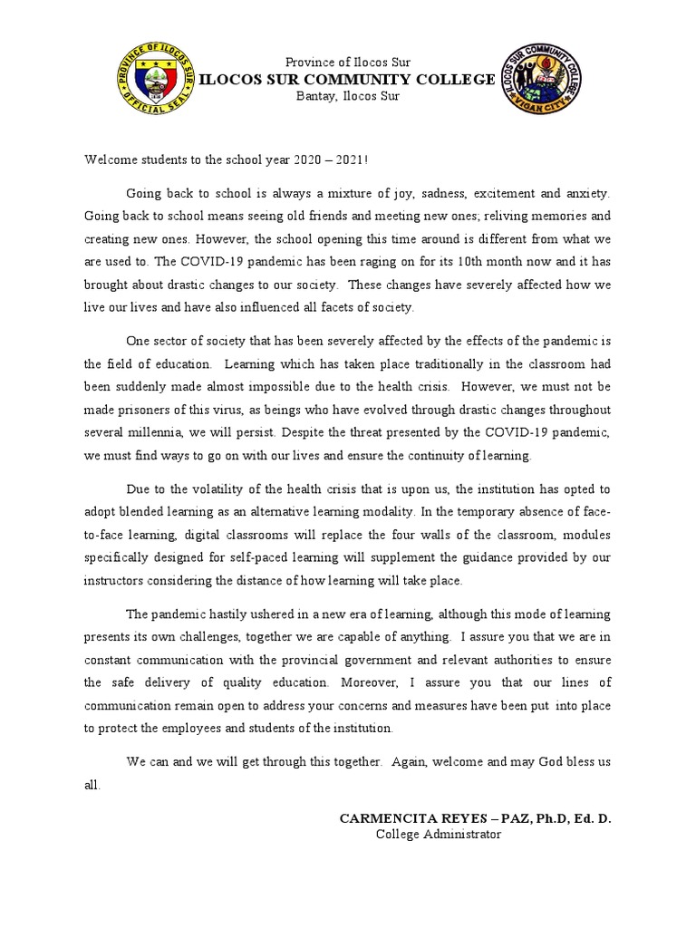 Welcome Message School Opening Mam | PDF