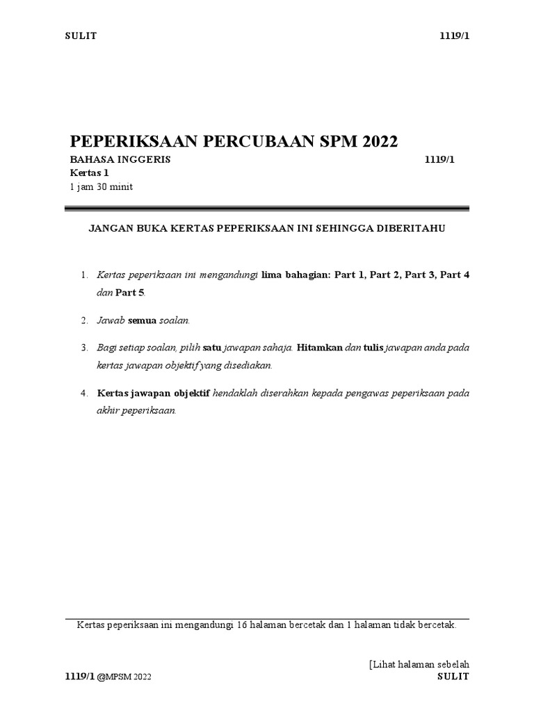 Kuantan SPM Trial 2022 Paper 1 | PDF