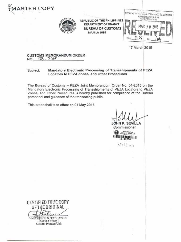 CMO No.08 2015 Mandatory Electronic Processing of Transshipment of PEZA ...