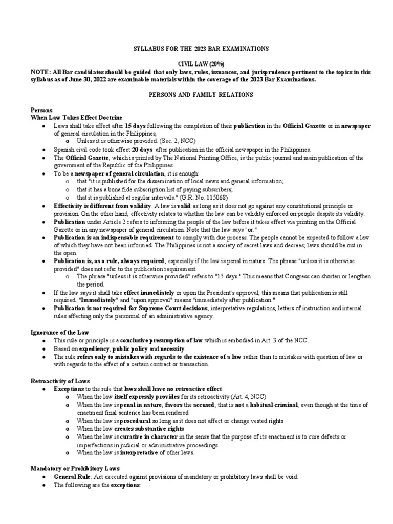 2023 Bar Exam Syllabus Overview | PDF | Will And Testament | Tort