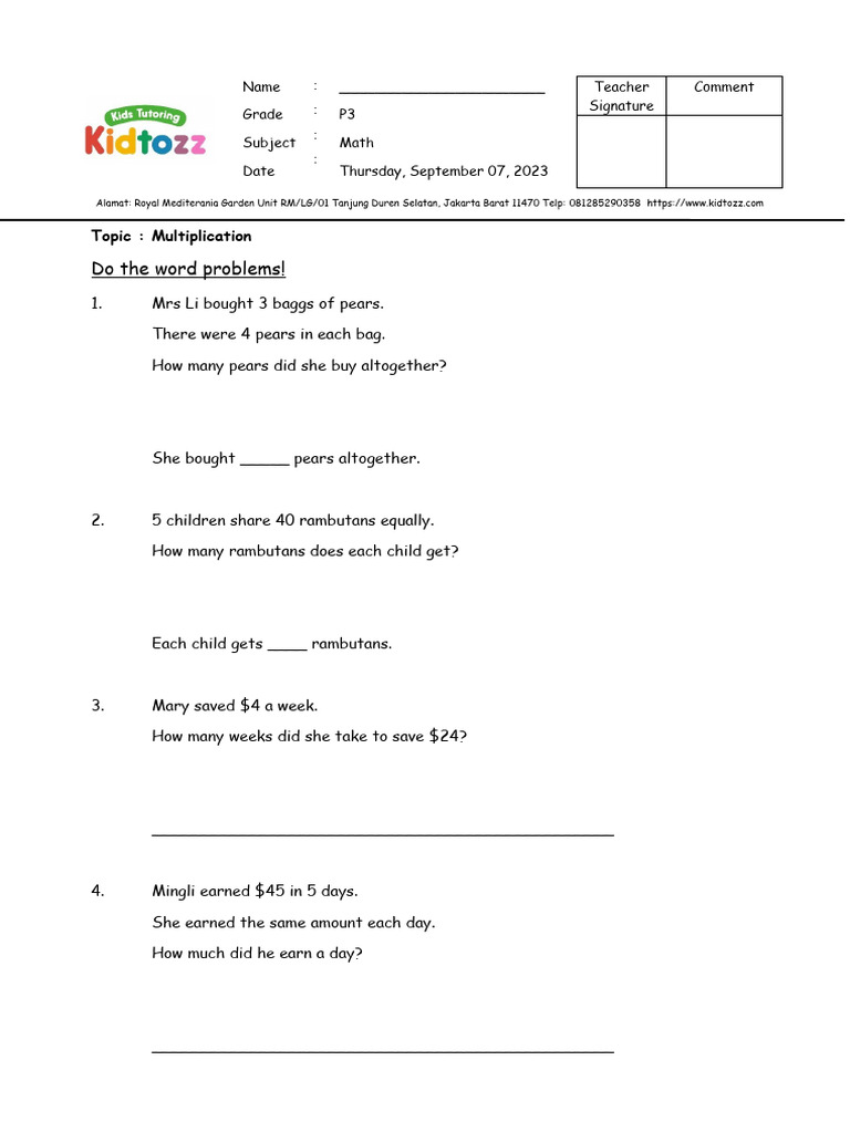 Multiplication Word Problems for Kids | PDF