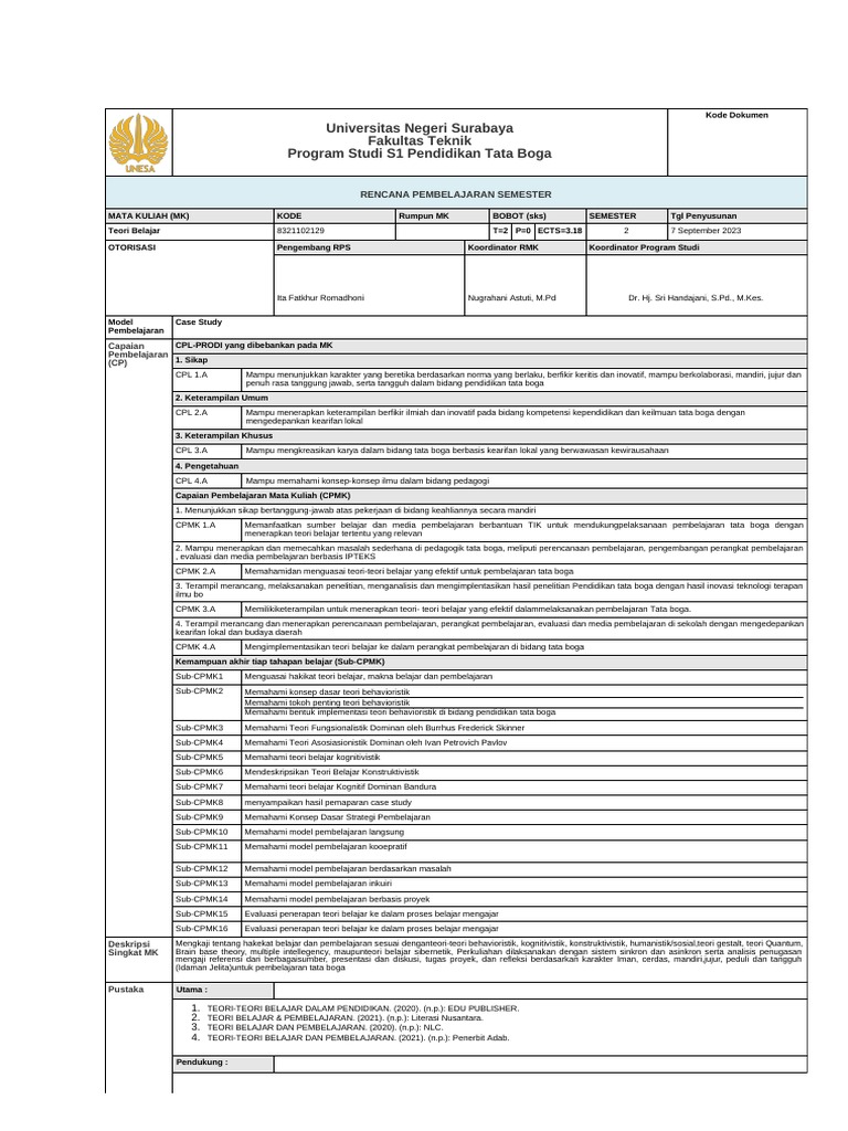 RPS Teori Belajar | PDF