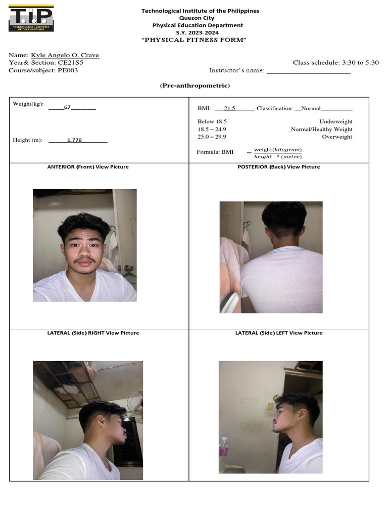 Pre-Physical Fitness Form | PDF | Body Mass Index | Health Promotion