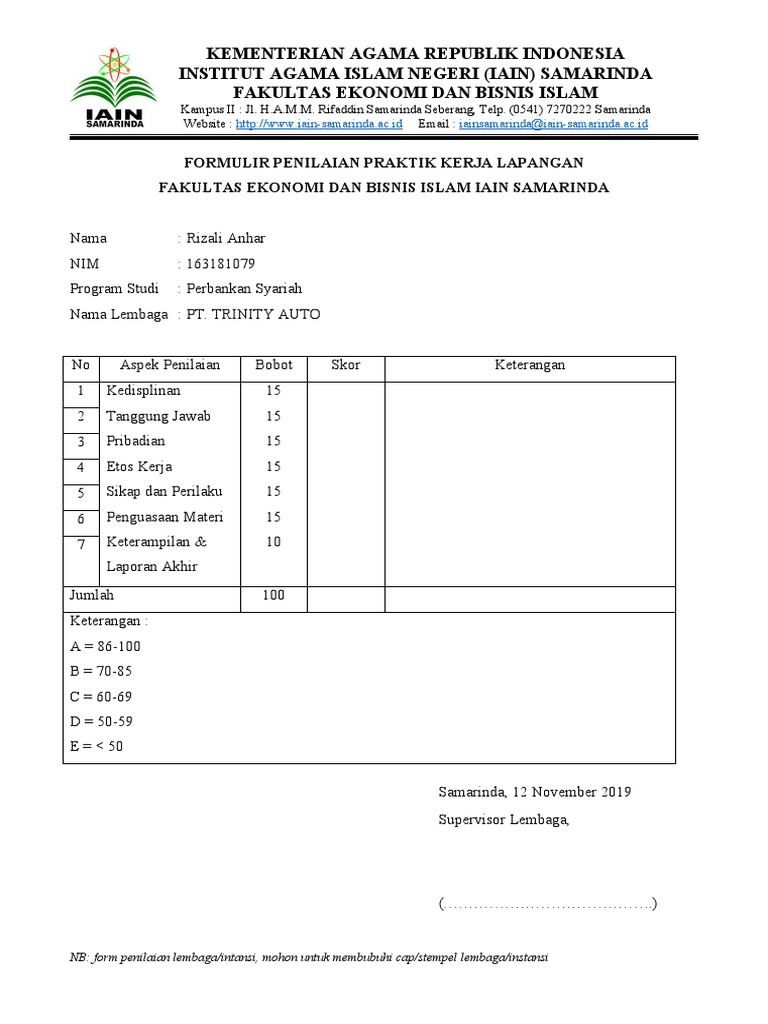 Formulir Penilaian Praktik Kerja Lapangan | PDF