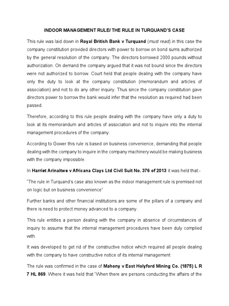 Indoor Management Rule | PDF | Legal Concepts | Civil Law (Legal System)