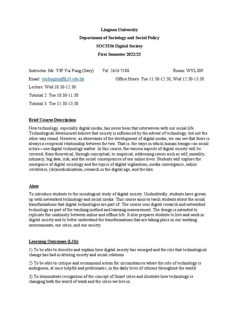 SOC3336 Course Outline (AY22-23 Term 1) | PDF | Essays | Sociology