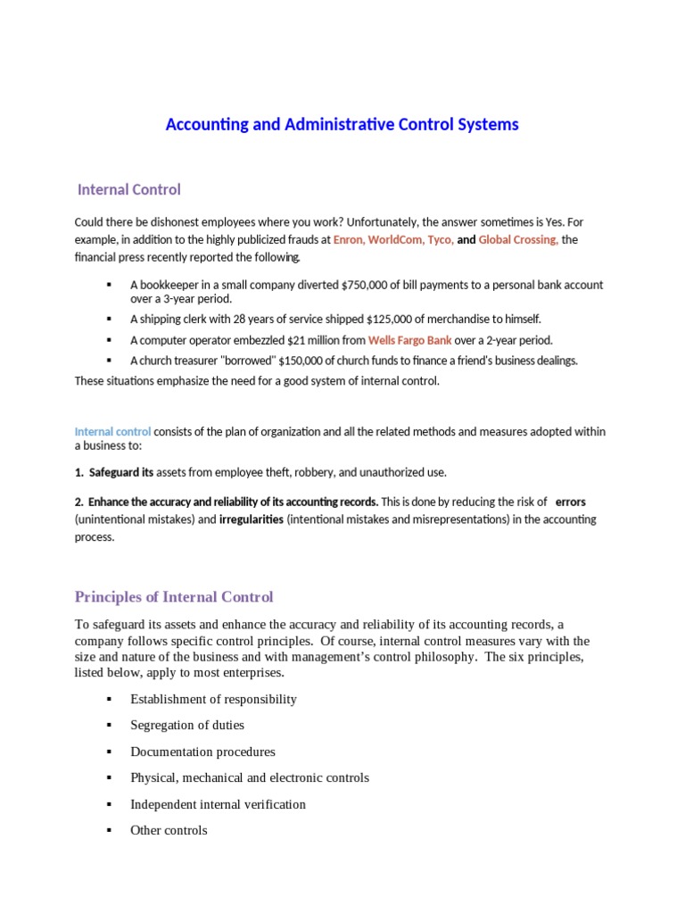Accounting and Administrative Control Systems | PDF | Audit | Internal ...