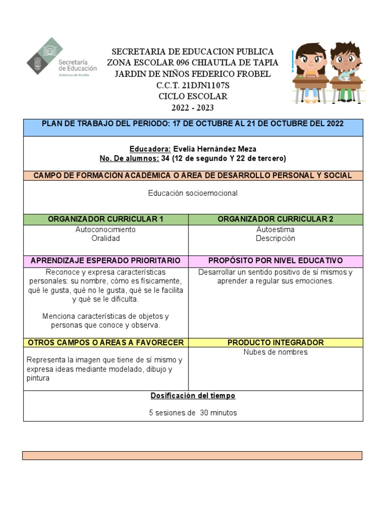 Planeación Socioemocional Preescolar | PDF | Educación de la primera ...