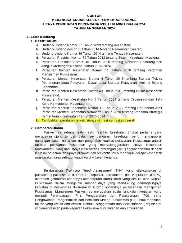 Contoh TOR Penguatan Perencanaan Melalui Lokakarya Mini | PDF