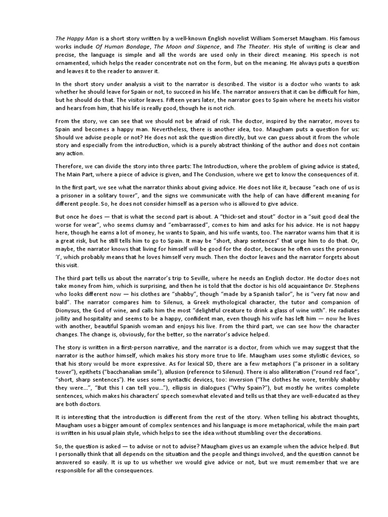 Analysis - The Happy Man | PDF | W. Somerset Maugham
