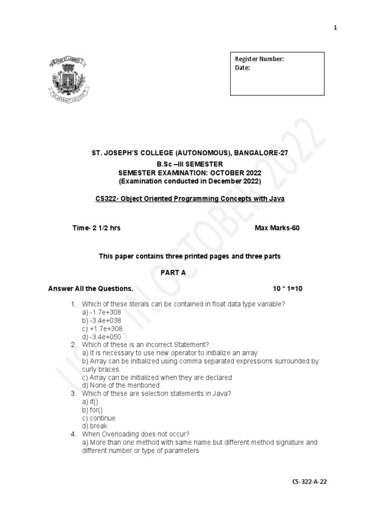 Cs322 Object Oriented Programming Concepts With Java Ug 1st Sem Dec 2022 Pdf Class 