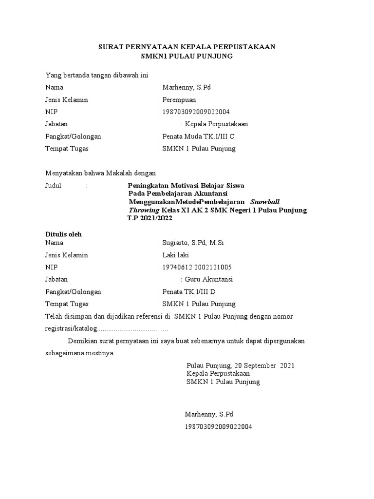 Surat Pernyataan Kepala Perpustakaan | PDF