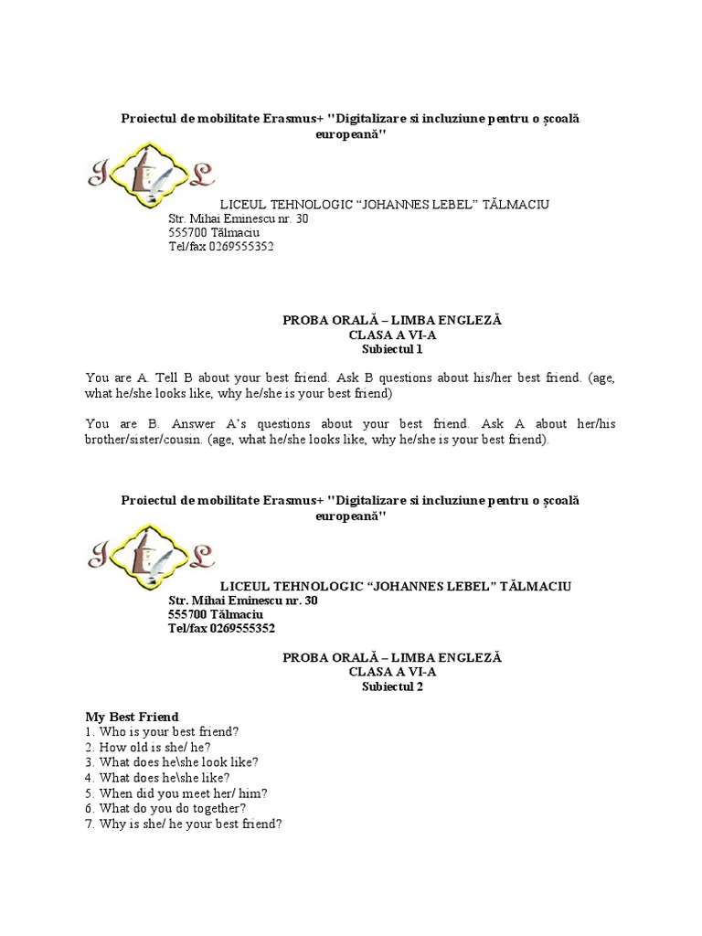 Model de Subiect - Recrutare Elevi, CLS, VI Oral ERASMUS | PDF