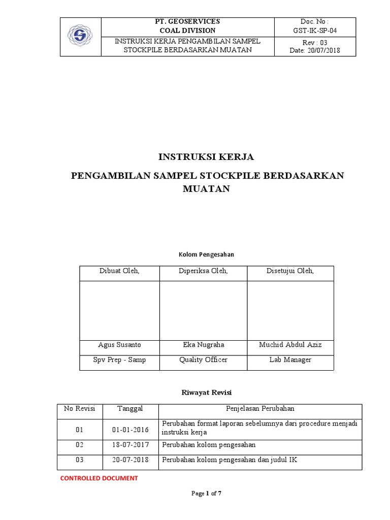 Instruksi Kerja Sampling Stockpile Batubara | PDF