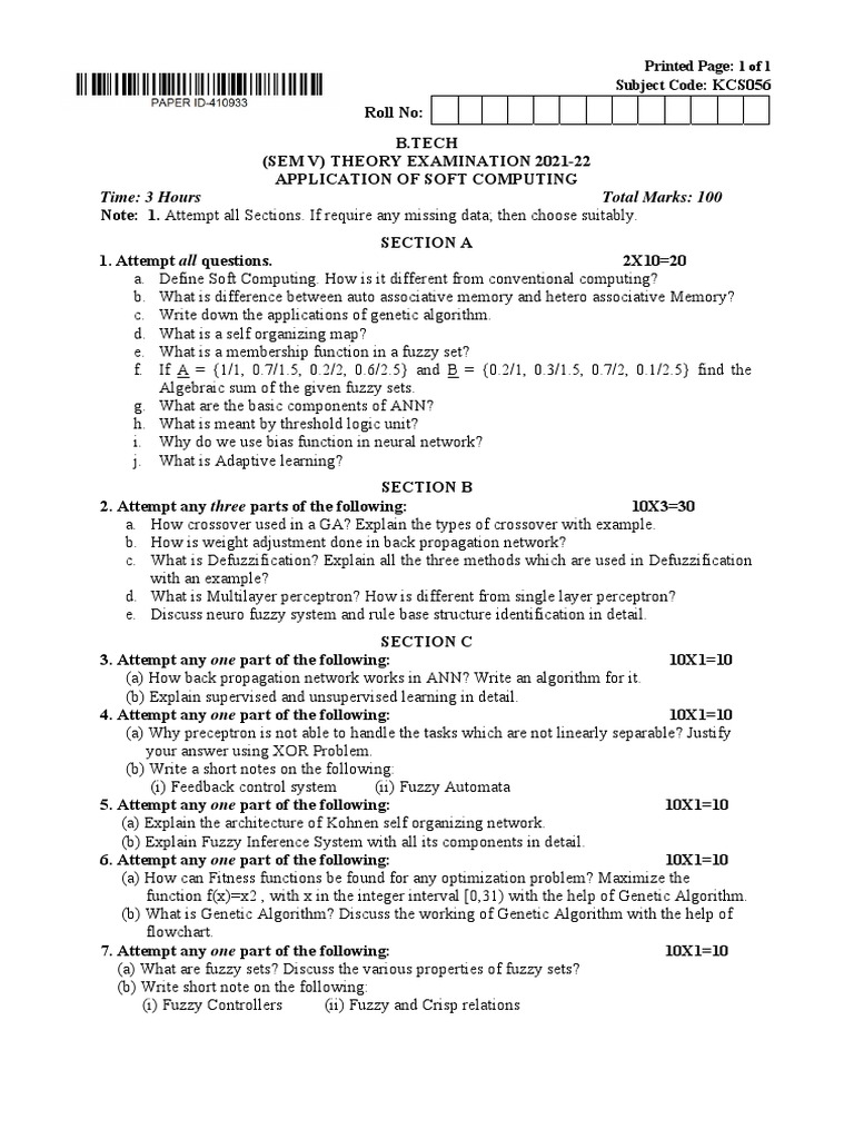 Btech Cs 5 Sem Application of Soft Computing kcs056 2022 | PDF | Fuzzy Logic | Applied Mathematics