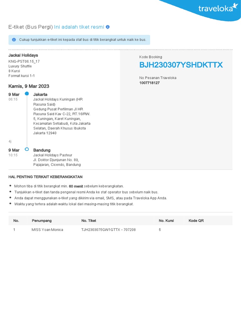 E-Ticket Jackal Holidays JKT - BDG A.N Yoan Monica (9 March 2023) | PDF