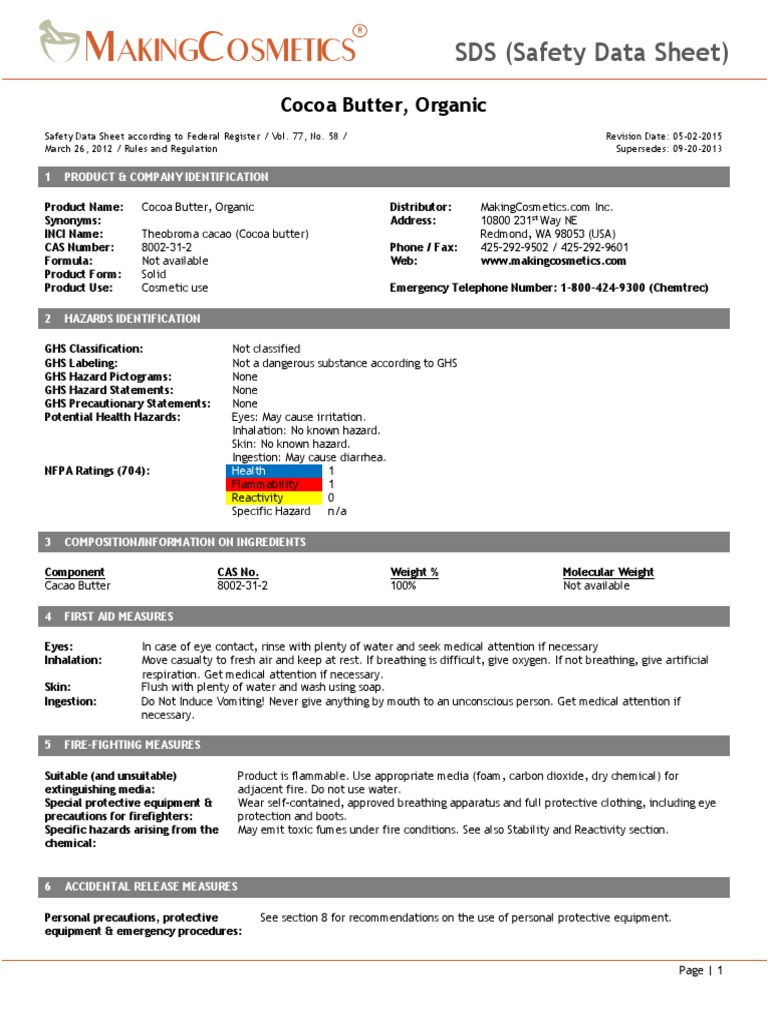 Sds Cocoa Butter Organic | PDF | Dangerous Goods | Waste