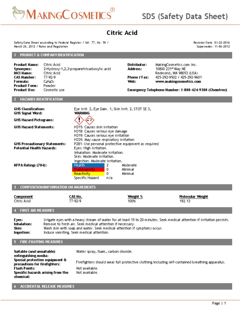 Sds Citric Acid | Download Free PDF | Dangerous Goods | Materials