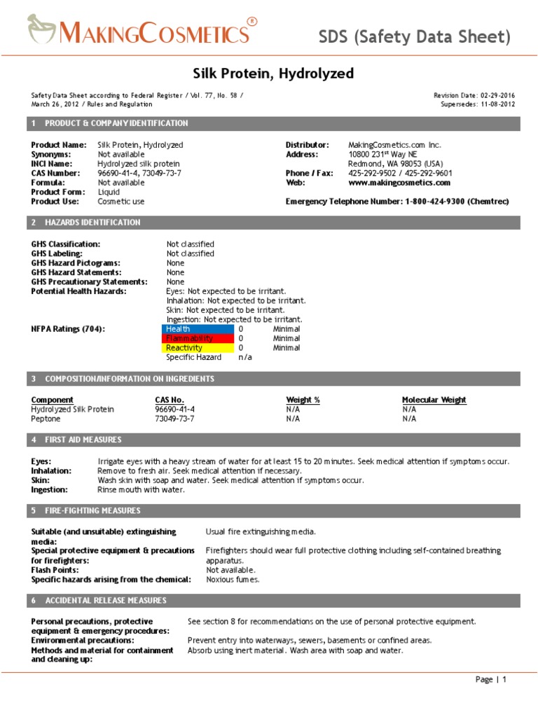 Sds Hydrolyzed Silk Protein | PDF | Personal Protective Equipment ...