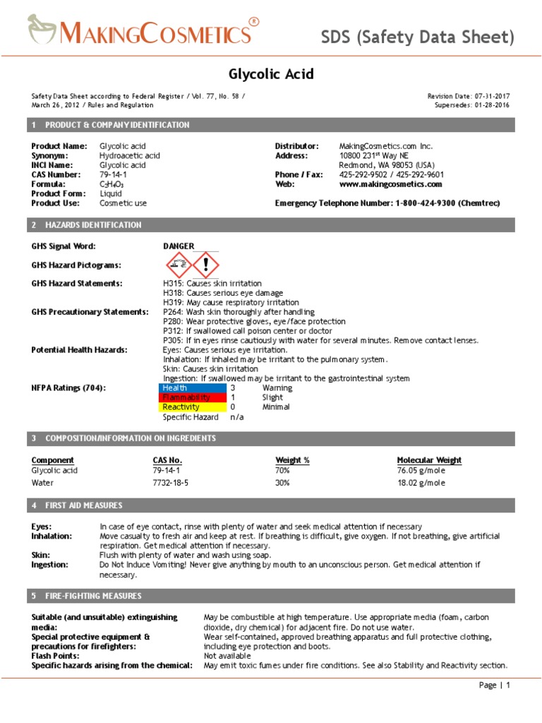 Sds Glycolic Acid | PDF | Dangerous Goods | Toxicity