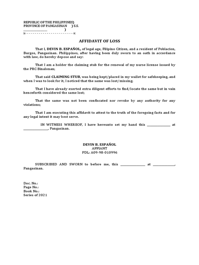 Affidavit of Loss Claiming Stub | PDF