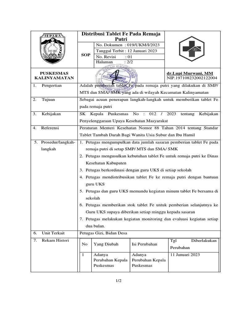 Sop Distribusi Tablet Fe Pada Remaja Putri | PDF