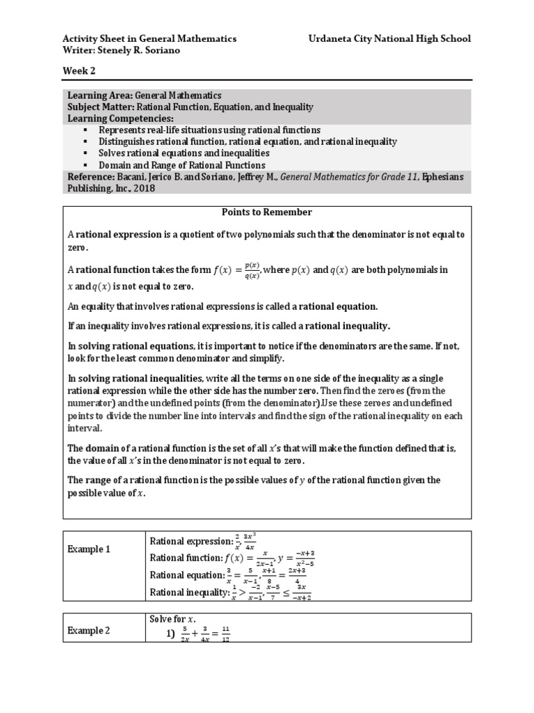 Week 2 AS Rational Function | PDF | Function (Mathematics) | Equations